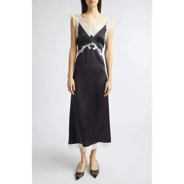 TANNER FLETCHER Irene Lace Trim Silk Charmeuse Midi Dress - Black