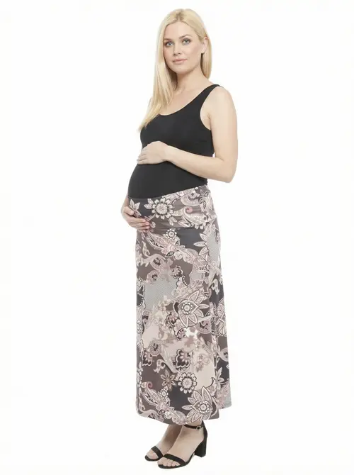 24SEVEN COMFORT APPAREL Maternity Paisley Maxi Skirt - Brown Multi