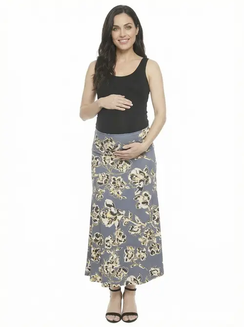 24SEVEN COMFORT APPAREL Maternity Floral A-line Maxi Skirt - Grey Multi