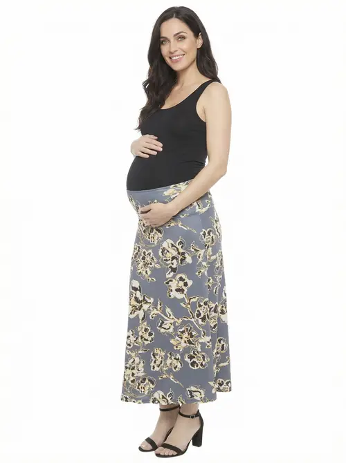 24SEVEN COMFORT APPAREL Maternity Floral A-line Maxi Skirt - Grey Multi