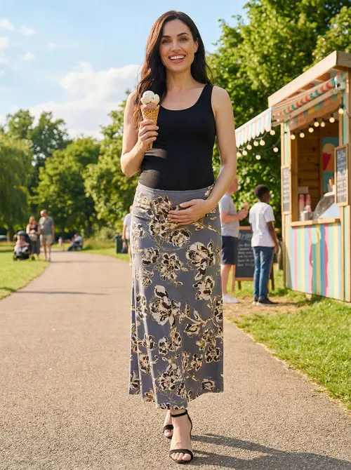 24SEVEN COMFORT APPAREL Maternity Floral A-line Maxi Skirt - Grey Multi