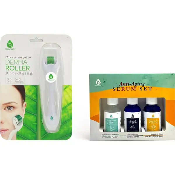 PURSONIC Ultimate Renewal Kit Micro Needle Derma Roller + Anti-aging Serum Trio - White