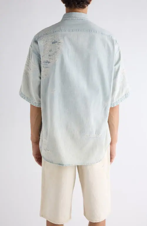 Acne Studios Setar Mending Distressed Short Sleeve Denim Button-down Shirt - Light Blue