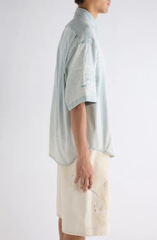 Acne Studios Setar Mending Distressed Short Sleeve Denim Button-down Shirt - Light Blue