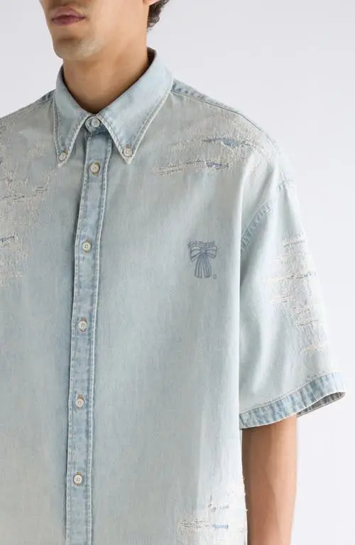 Acne Studios Setar Mending Distressed Short Sleeve Denim Button-down Shirt - Light Blue