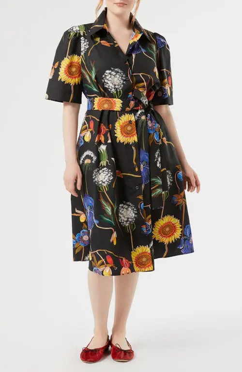 Marina Rinaldi Floral Belted Cotton Shirt Dress - Black