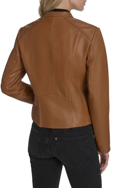 Cole Haan Band Collar Leather Racer Jacket - Hazelnut