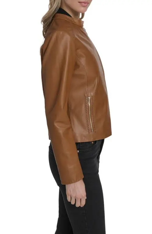 Cole Haan Band Collar Leather Racer Jacket - Hazelnut