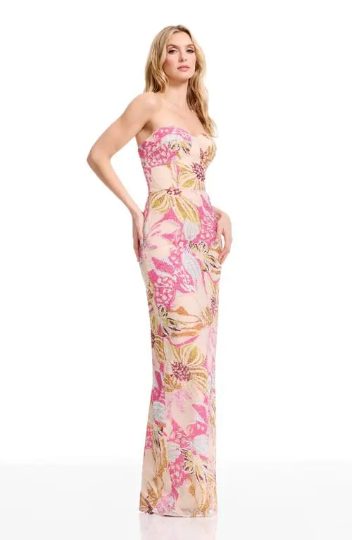 Dress The Population Sequin Floral Strapless Gown