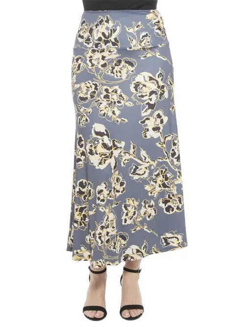 24SEVEN COMFORT APPAREL Floral A-line Maxi Skirt - Grey Multi