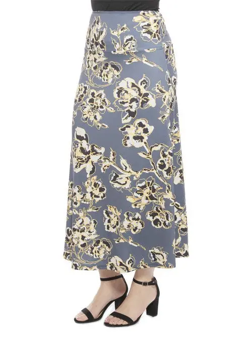 24SEVEN COMFORT APPAREL Floral A-line Maxi Skirt - Grey Multi
