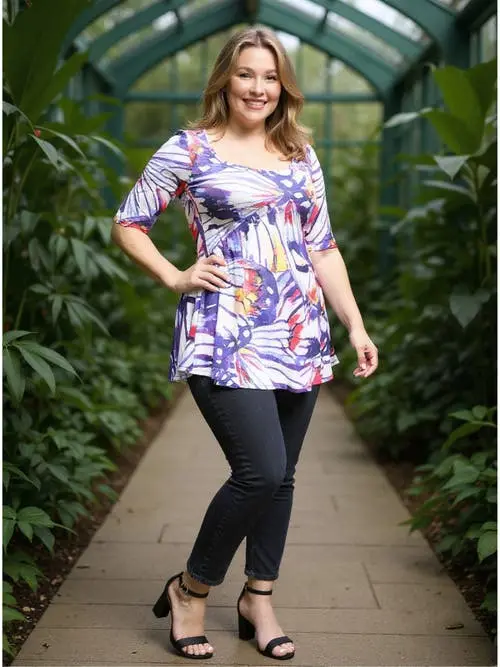 24SEVEN COMFORT APPAREL Butterfly Print Tunic Top - Purple Multi