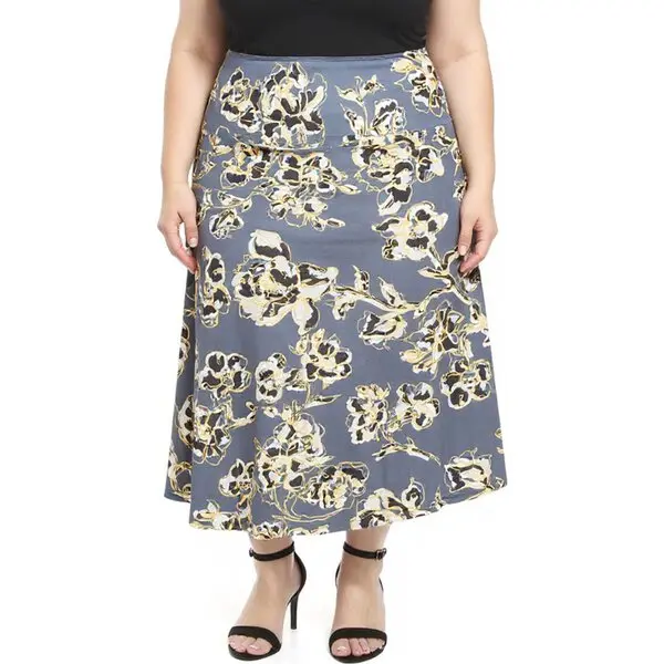 24SEVEN COMFORT APPAREL Floral Elastic Waist A-line Maxi Skirt - Grey Multi