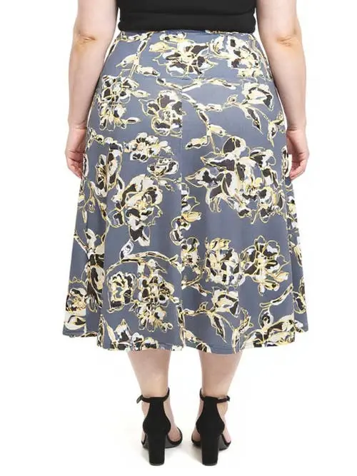 24SEVEN COMFORT APPAREL Floral Elastic Waist A-line Maxi Skirt - Grey Multi