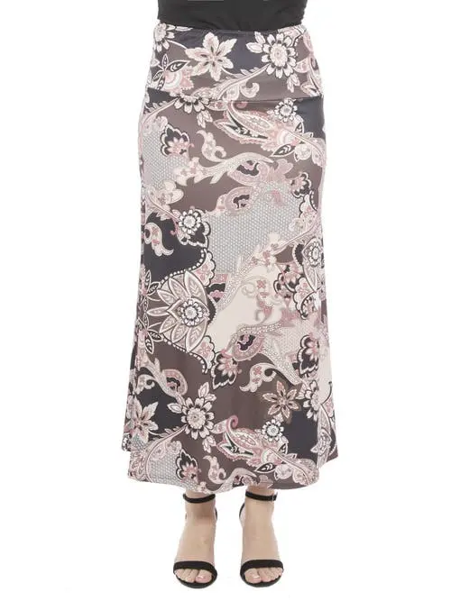 24SEVEN COMFORT APPAREL Paisley Print A-line Maxi Skirt - Brown Multi