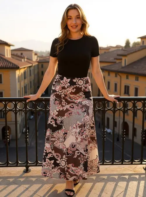 24SEVEN COMFORT APPAREL Paisley Print A-line Maxi Skirt - Brown Multi