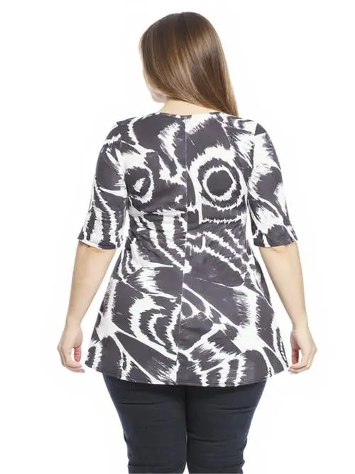 24SEVEN COMFORT APPAREL Abstract Print Scoop Neck Tunic Top - Black Multi