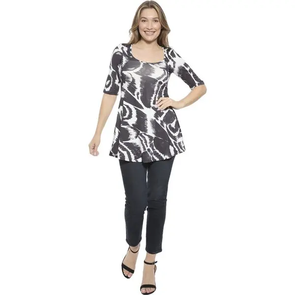 24SEVEN COMFORT APPAREL Abstract Print Scoop Neck Tunic Top - Black Multi