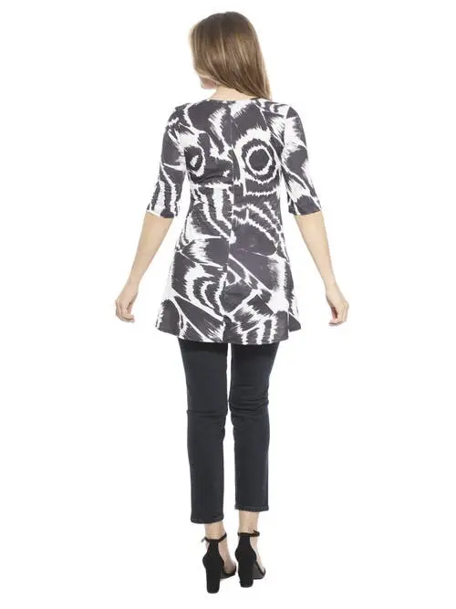 24SEVEN COMFORT APPAREL Abstract Print Scoop Neck Tunic Top - Black Multi