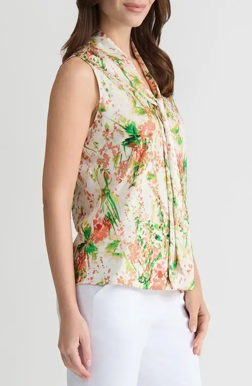KASPER Tie Neck Sleeveless Top - Vanilla Ice Multi