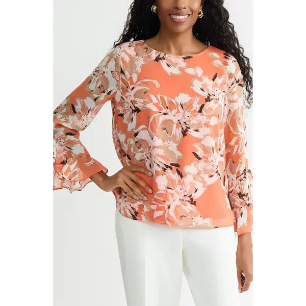 KASPER Printed Ruffle Sleeve Top - Mandarin Multi