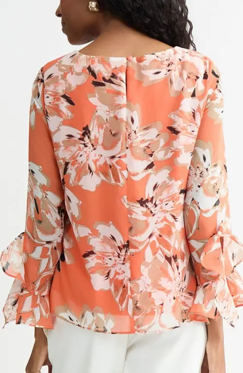 KASPER Printed Ruffle Sleeve Top - Mandarin Multi