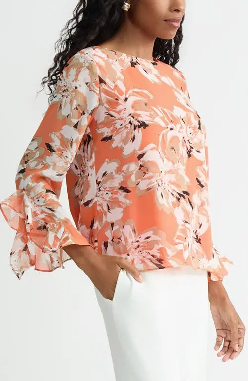 KASPER Printed Ruffle Sleeve Top - Mandarin Multi