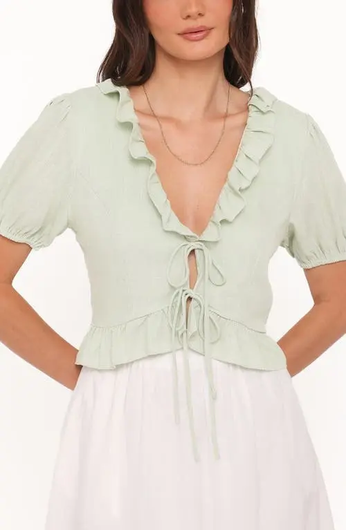 PETAL & PUP Tie Front Puff Sleeve Crop Top - Sage