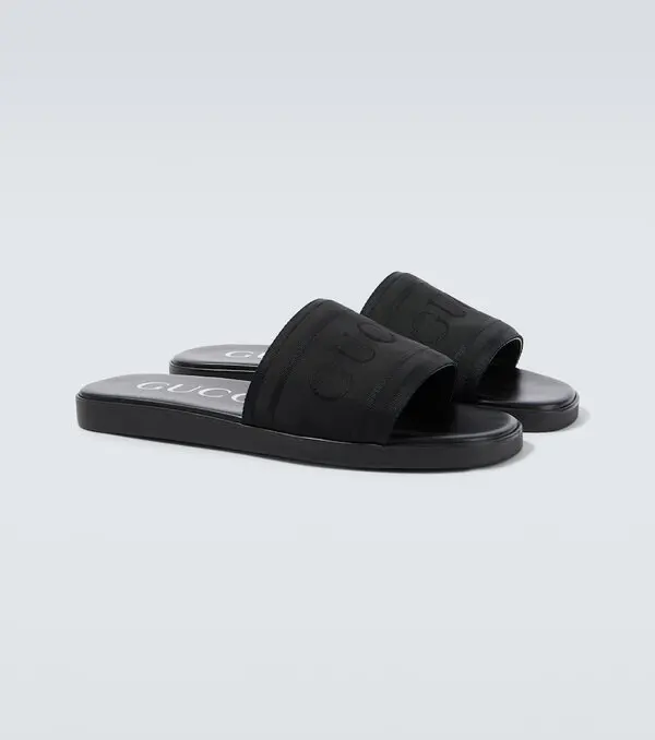 Gucci Canvas And Leather Slides - Black