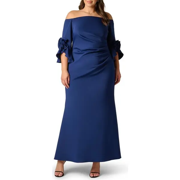 Adrianna Papell Rosette Off-the-shoulder Gown - Navy Sateen