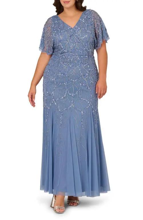 Adrianna Papell Beaded Mesh Gown - French Blue