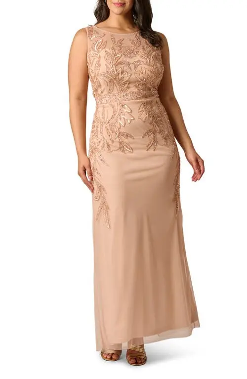 Adrianna Papell Bead Embellished Evening Gown - Rose Gold
