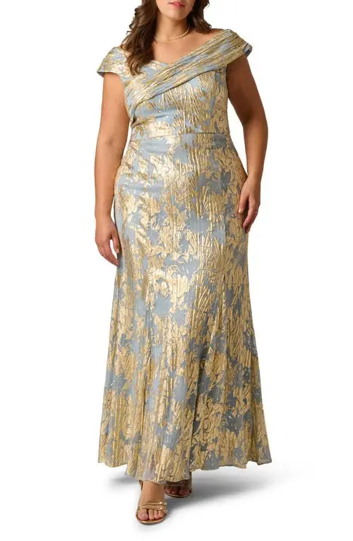 Adrianna Papell Foil Leaf Mermaid Gown - Light Blue/gold