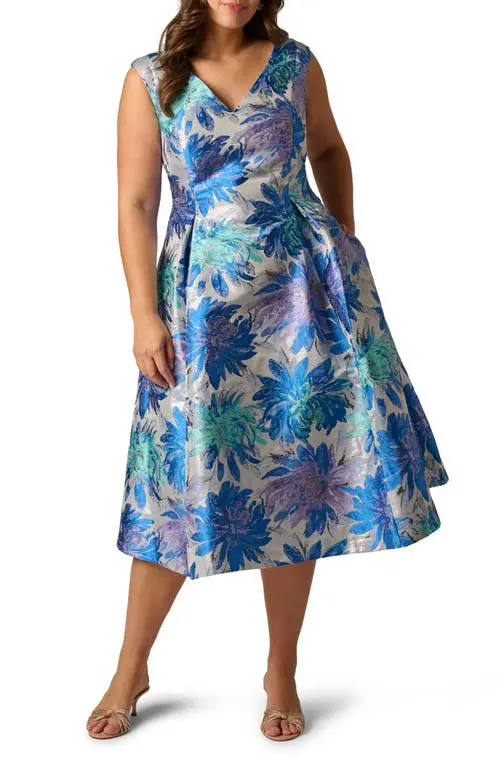 Adrianna Papell Jacquard Sleeveless Midi Dress - Blue Multi