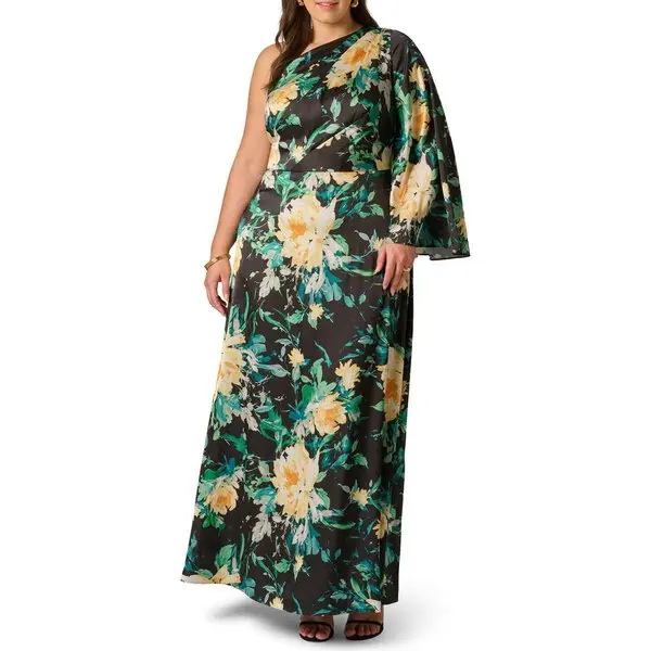 Adrianna Papell Floral Print One-shoulder Gown - Black Multi
