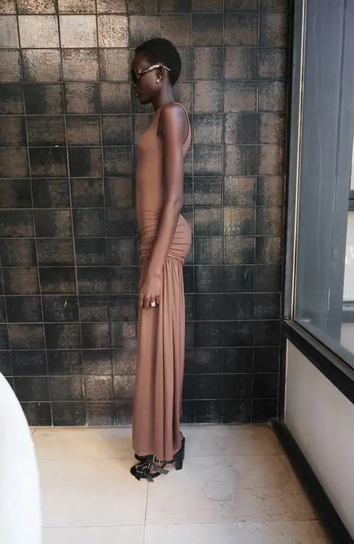 Mango Asymmetric Gather Maxi Dress - Brown