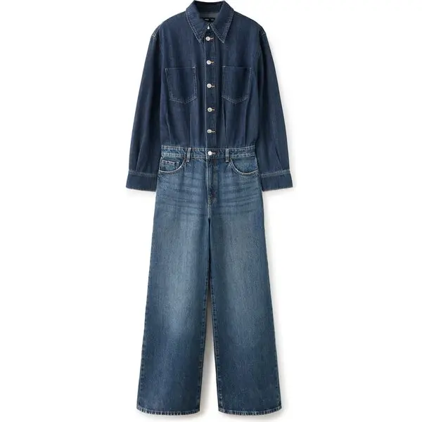 Mango Long Sleeve Wide Leg Denim Jumpsuit - Dark Blue