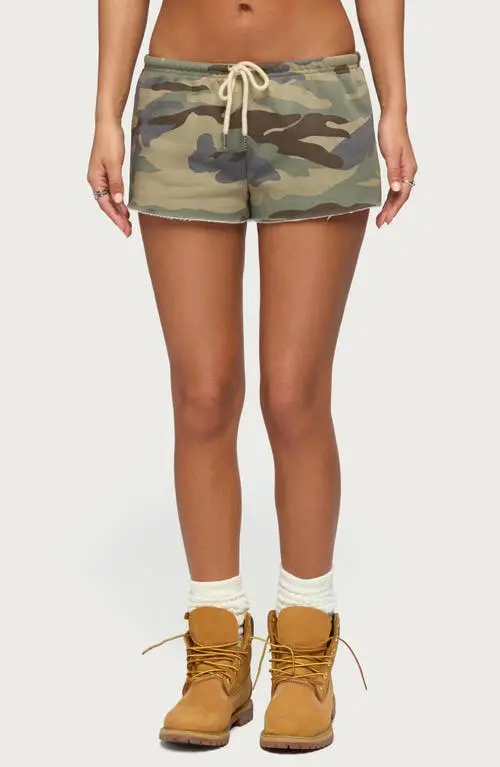 EDIKTED Camo Print Raw Hem Drawstring Shorts
