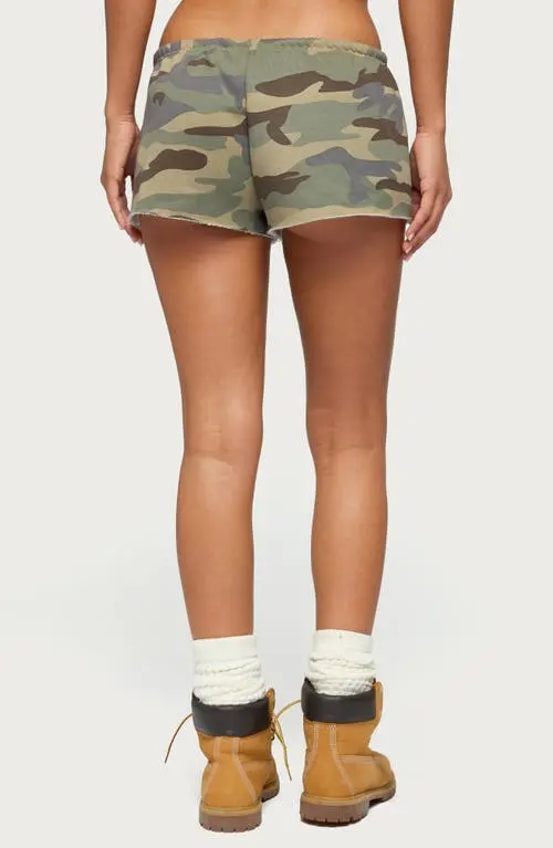 EDIKTED Camo Print Raw Hem Drawstring Shorts