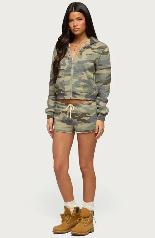 EDIKTED Camo Print Raw Hem Drawstring Shorts