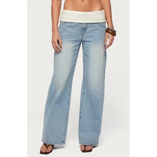 EDIKTED Knit Foldover Low Rise Baggy Jeans