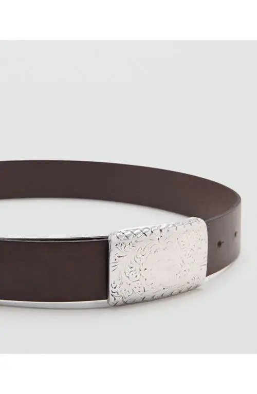 Mango Engraved Buckle Leather Belt