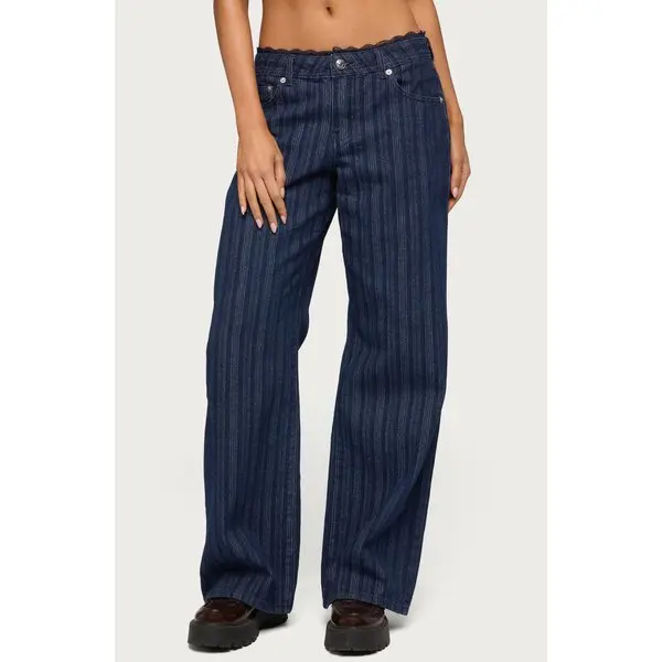 EDIKTED Stripe Lace Trim Low Rise Wide Leg Jeans