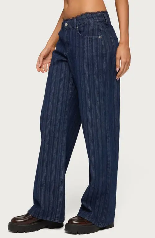 EDIKTED Stripe Lace Trim Low Rise Wide Leg Jeans