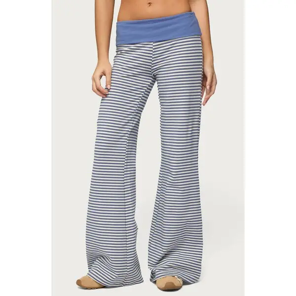 EDIKTED Colorblock Stripe Foldover Pants - Light-blue-and-white