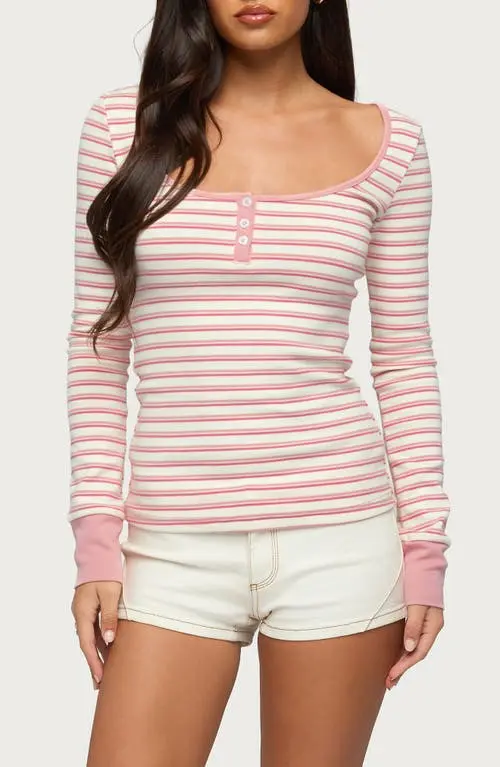 EDIKTED Stripe Stretch Cotton Henley Top - Pink