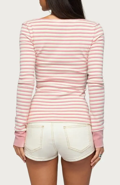 EDIKTED Stripe Stretch Cotton Henley Top - Pink