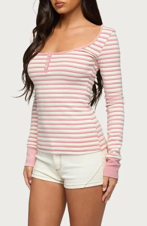 EDIKTED Stripe Stretch Cotton Henley Top - Pink