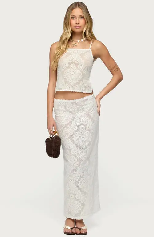 EDIKTED Low Rise Sheer Lace Maxi Skirt