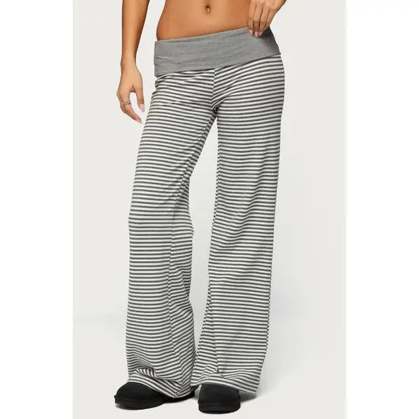 EDIKTED Meggy Stripe Foldover Pants - Gray-and-white